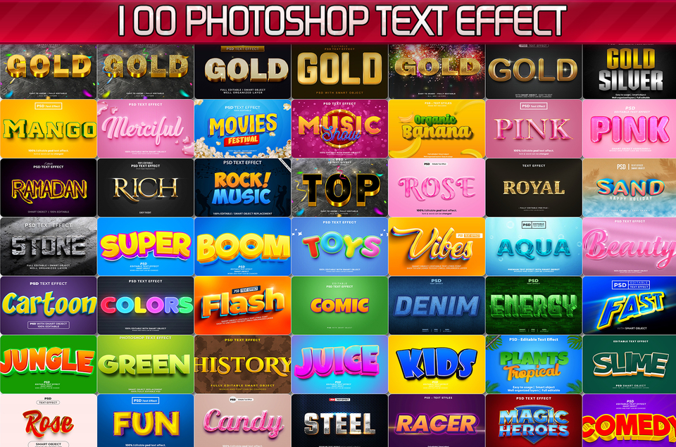 100 Premium Photoshop Text Effects, 3D PSD Styles