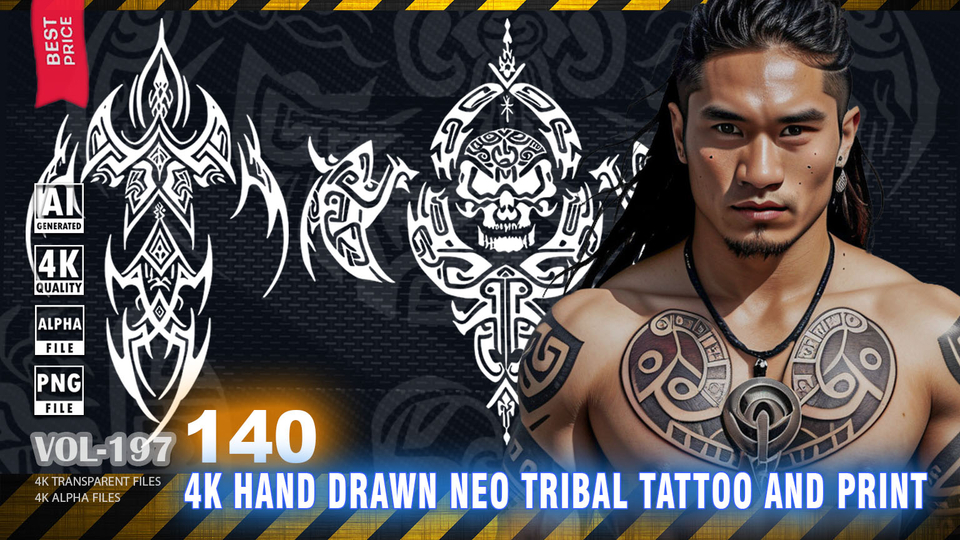 140 4K HAND DRAWN NEO TRIBAL TATTOO AND PRINT