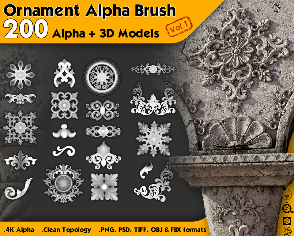 200 Ornament Alpha Brush (4K) + 3D Models - Vol 1