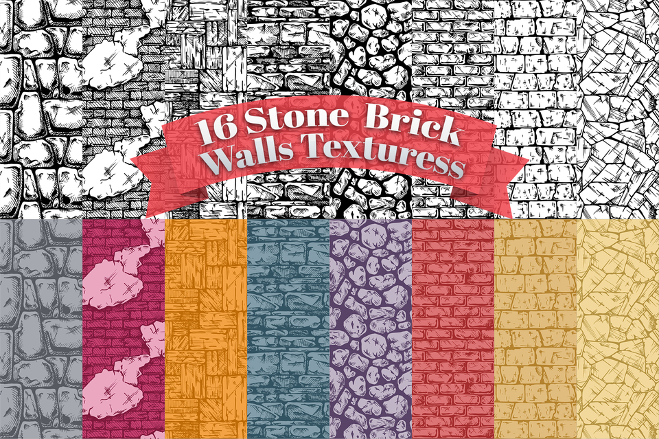 16 Stone Brick, Walls Textures, Seamless Pattern