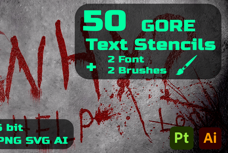 50 Gore text Stencil Pack + 2 Brushes + 2 Font
