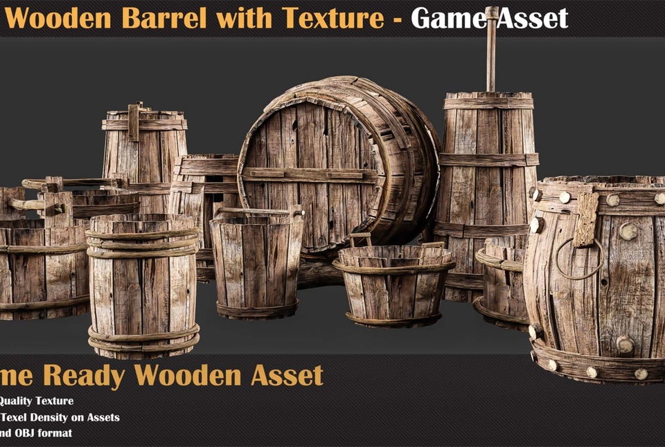 25 Wooden Barrel with Texture - Game Asset