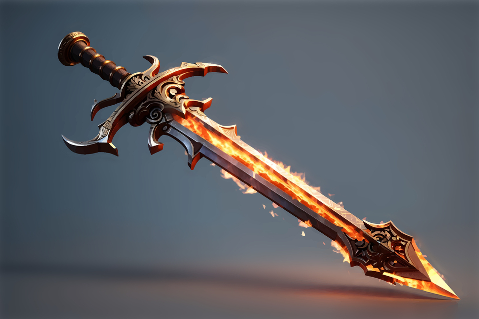 Hero Sword on fire, Fantasy Medieval Blade