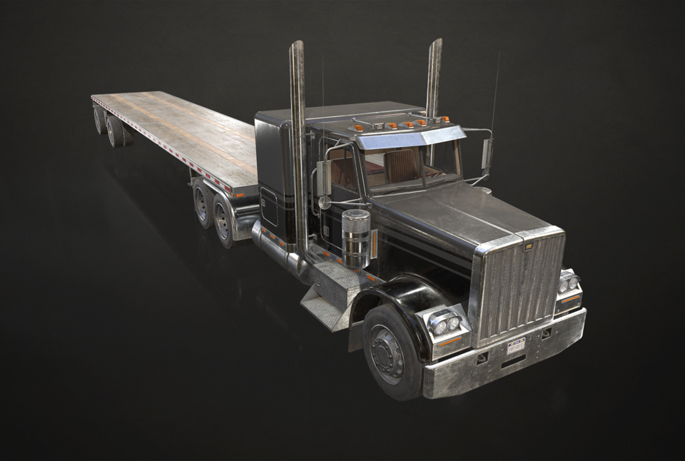 Flat Top Semi Truck Flatbed Trailer - Low Poly