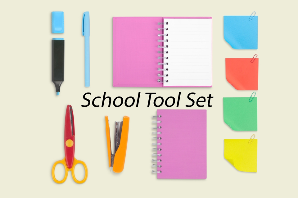 School Tool Set. Colorful School Supplies Set with Notebooks and ...