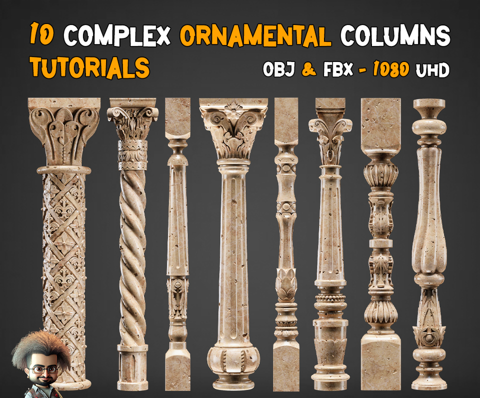 10 Complex Ornamental Columns Tutorials - FBX & OBJ - Vol 04