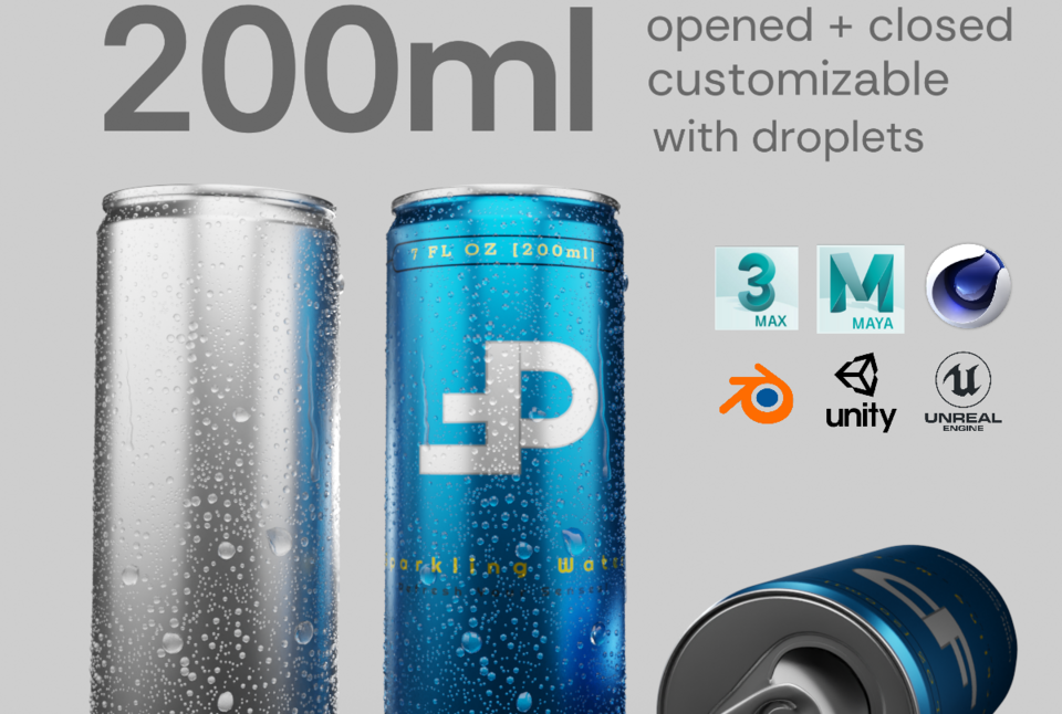 Slim 200ml Beverage Can Open and Closed Tabs with Droplets Low-poly 3D ...