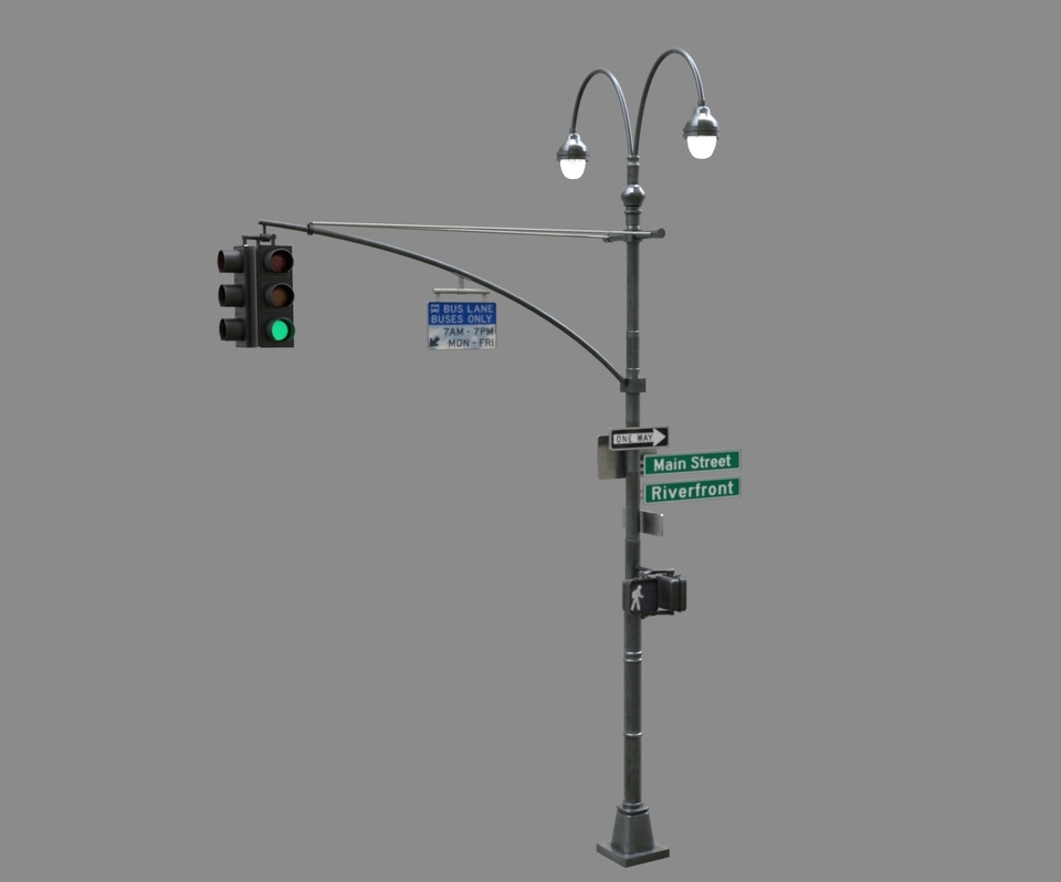 LowPoly Traffic light with street lamp