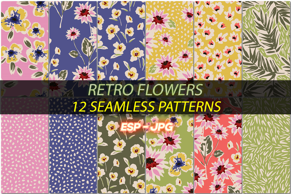12 Seamless Retro Flower Patterns Collection