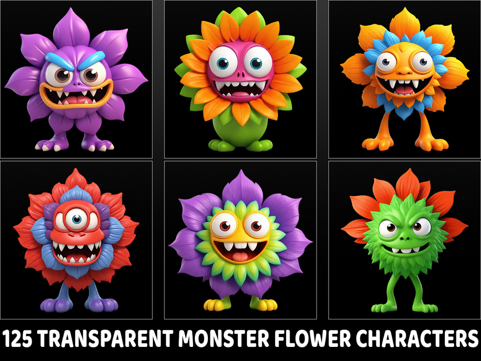 125 Fantasy Monster Flower Characters High Resolution Transparent PNG Files