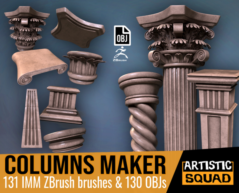Columns Maker 130 OBJs and 131 IMM ZBrush brushes