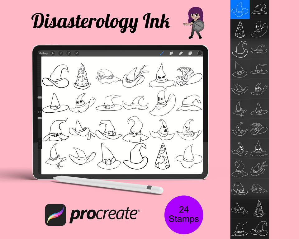 Witch / Wizard Hats Set 1 Procreate Brush Stamps, 24 Hats