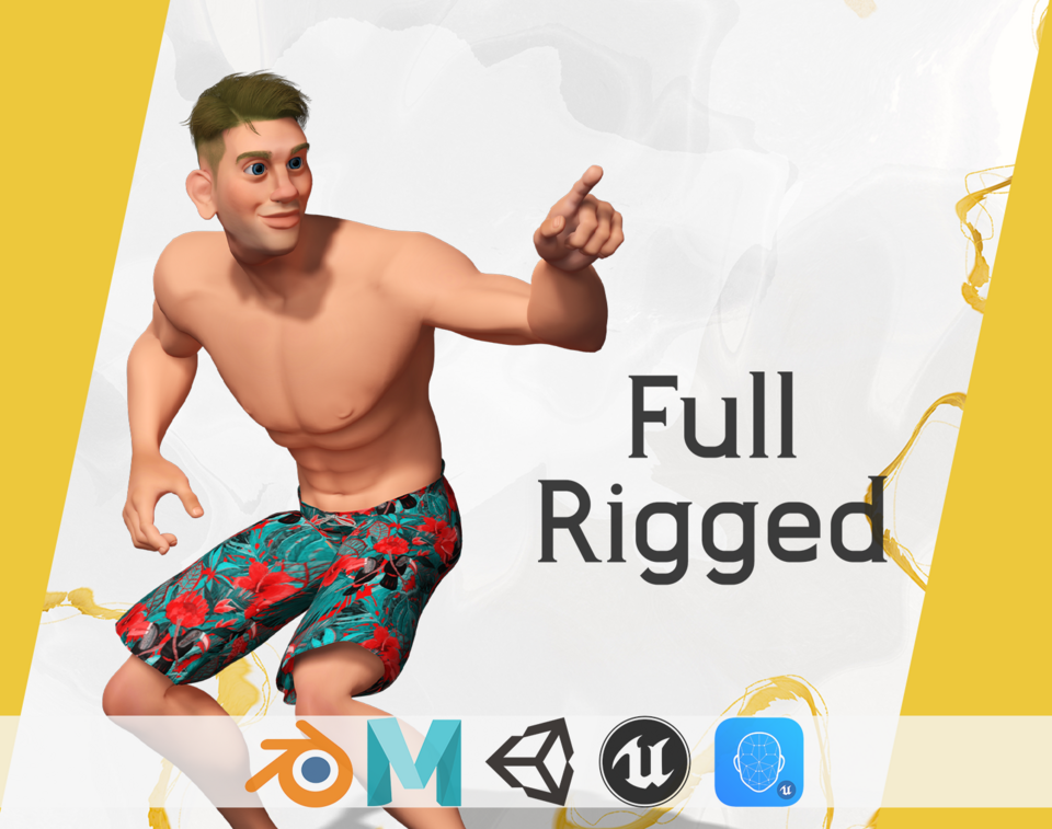 Cartoon young man in Swimming Trunks semi-realistic rendering