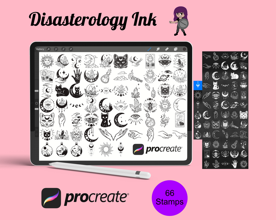 Celestial Tattoos Set 1 Procreate Brush Stamps, 66 Flash Tattoos