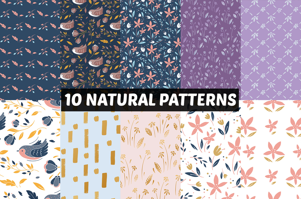 10 Stylish Natural Seamless Patterns, Floral Bird Elements, Nature ...