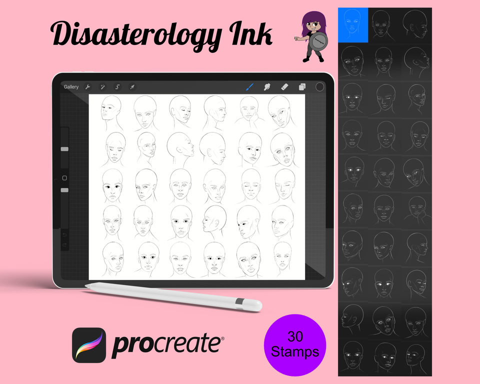 Female Human Face Set 2 Procreate Brush Stamps, 30 Faces