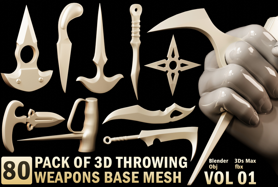 80 Pack of 3D Throwing Weapons Base Mesh