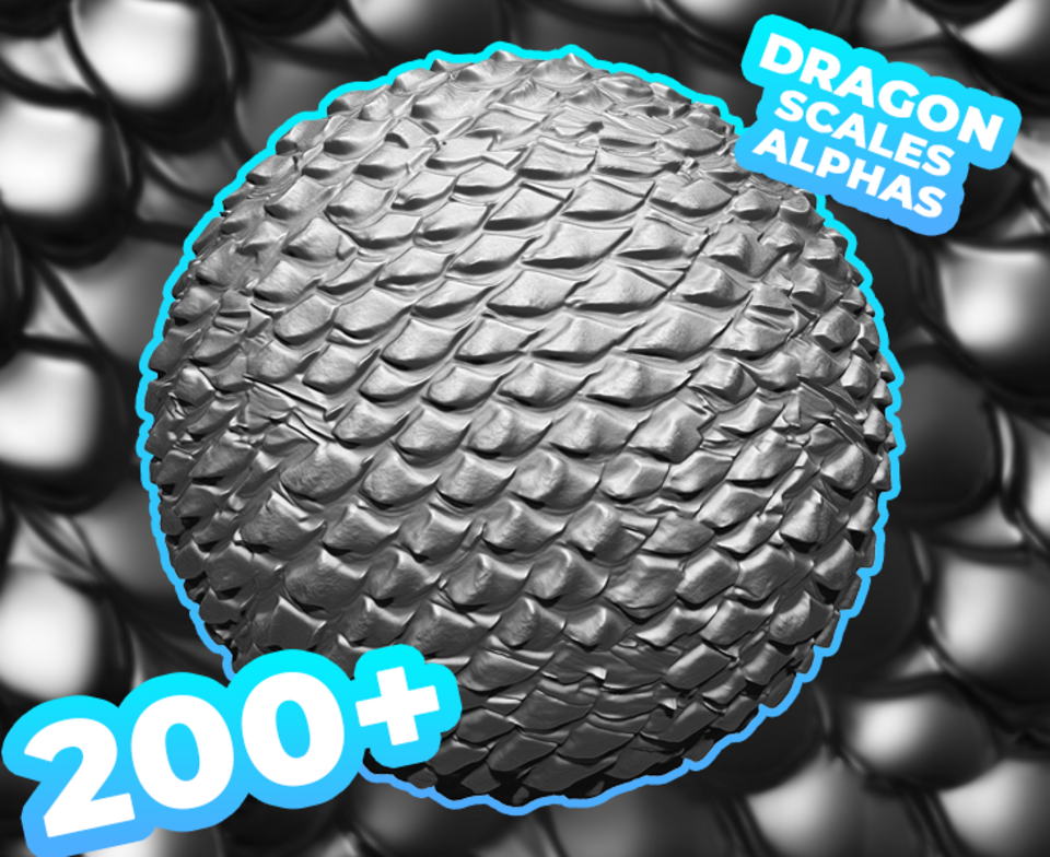 200+ Dragon Scales Alphas for ZBrush, Blender (20 tile alphas) vol.8