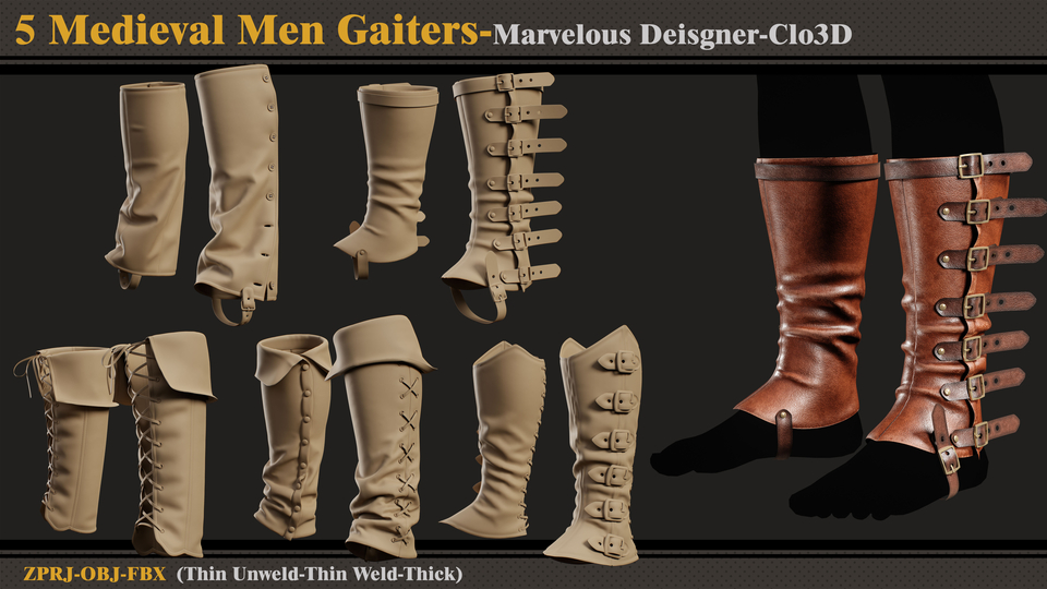 5 Medieval Men Gaiters-Marvelous Designer-Clo3D-ZPRJ-FBX-OBJ