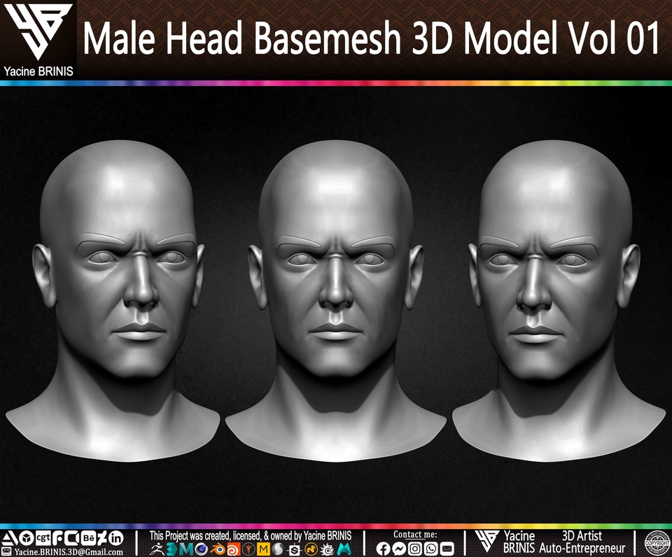 Male Head Basemesh 3D Model Volume 01