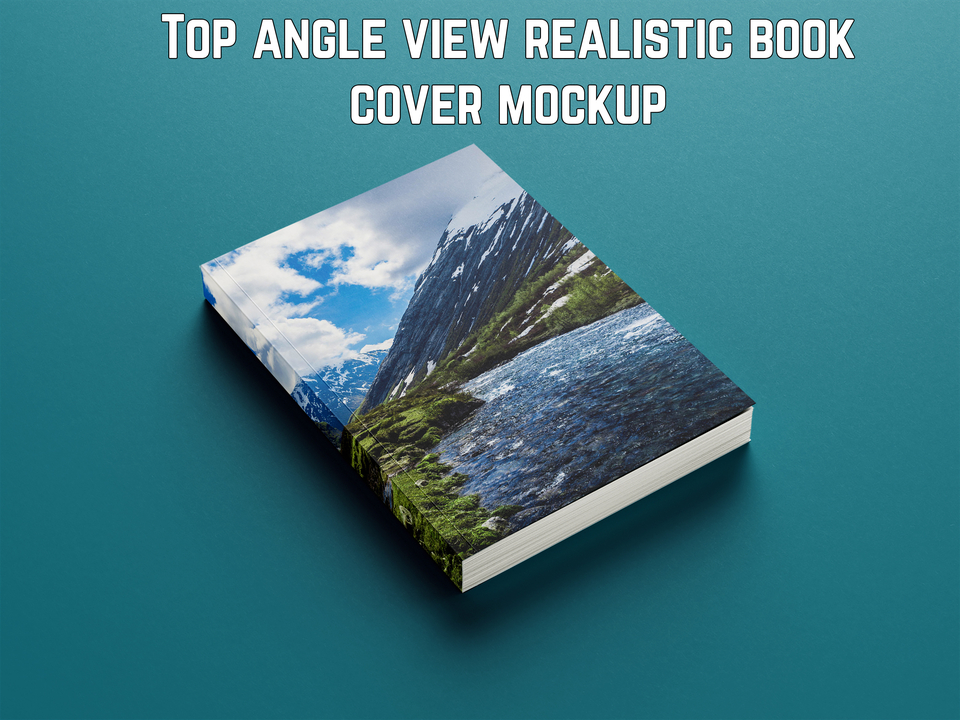 Top angle view realistic book cover mockup, PSD File Template