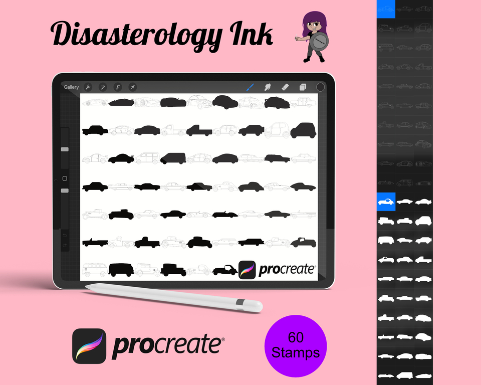 Cars Outlines & Silhouettes Set 2 Procreate Brush Stamps, 60 Car Stamps