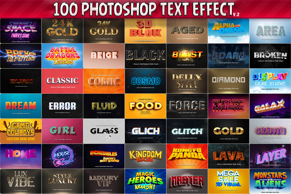 100 Premium Photoshop Text Effects PSD, 3D Layer styles