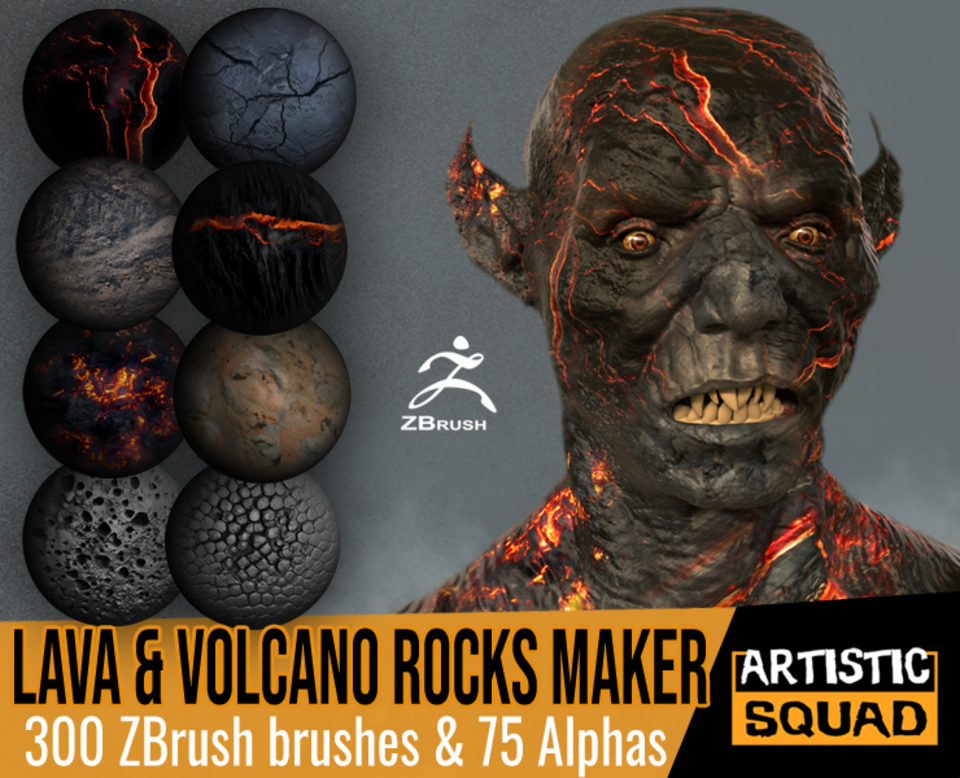 Lava and Volcano Rocks Maker 300 ZBrush brushes and 75 alphas