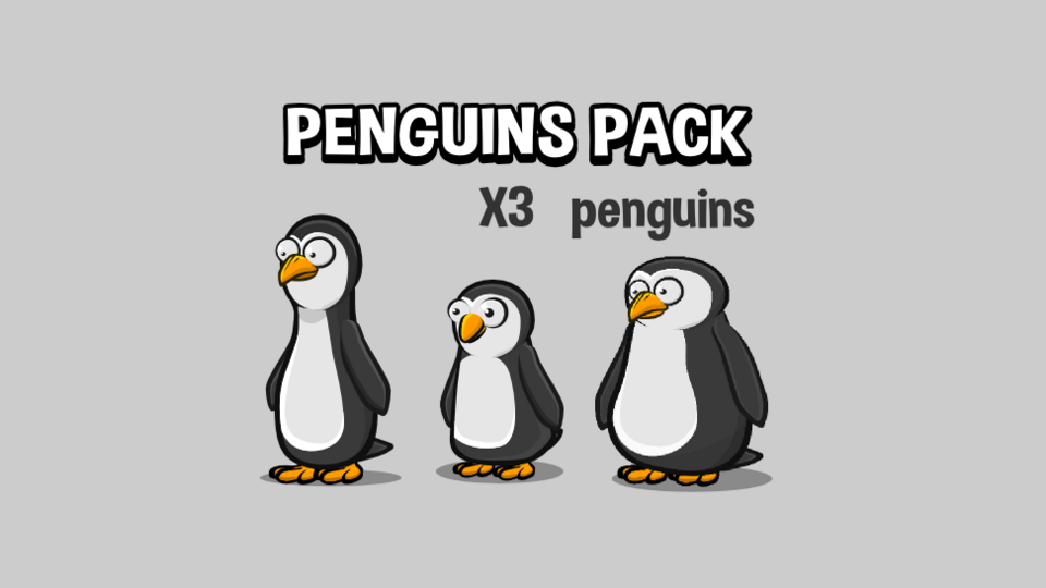 Three animated penguin 2d game sprites