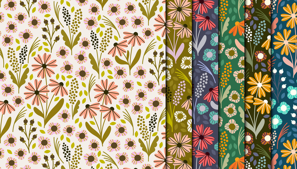 Sping Floral Seamless Patterns, Echinacea Flowers, Leafy Motifs, EPS file
