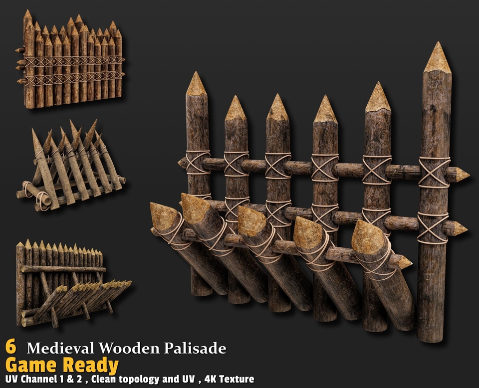 6 Medieval Wooden Palisade Game-Ready Pack