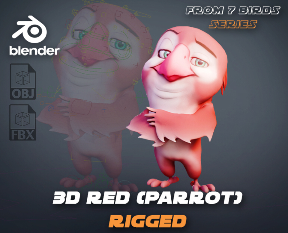 Chibi Parrot - 3D Red - Rigged Cartoon Bird