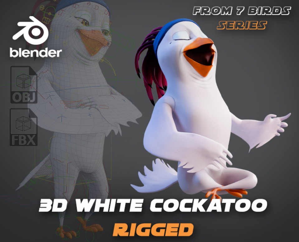 Chibi Cockatoo - 3D White - Rigged Cartoon Bird