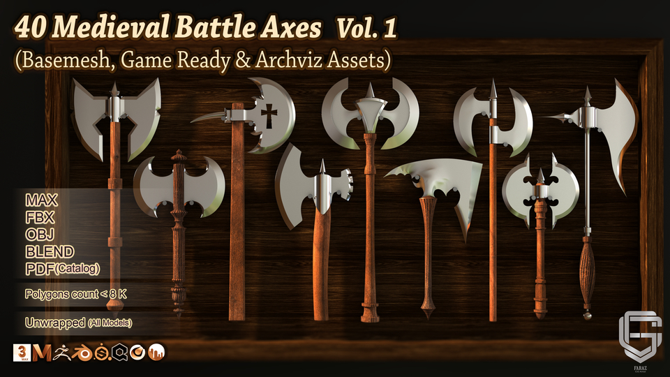 40 Medieval Battle Axes – Vol. 1 (Basemesh, Game ready & Archviz Assets)