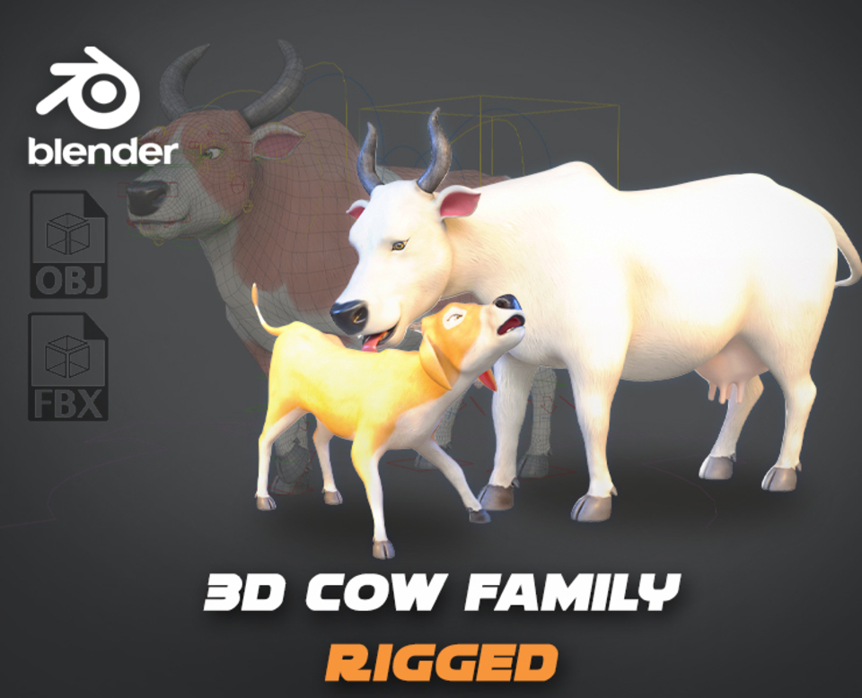 3D Cow Family Pack Rigged Cow Bull Calf