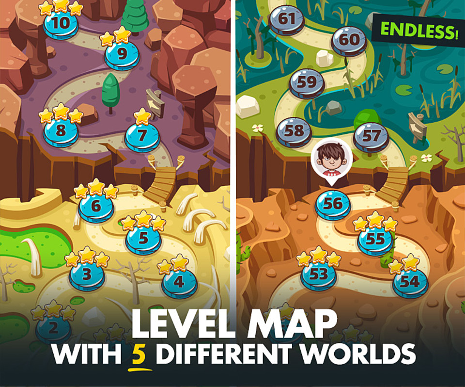 Game Level Map with 5 Different Worlds