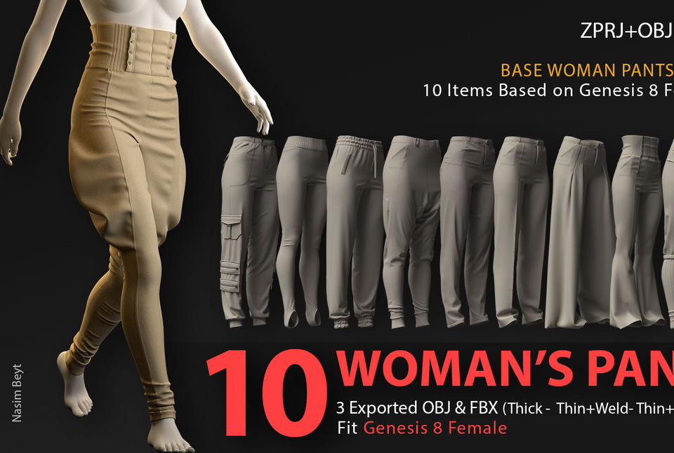 10 WOMAN'S PANTS-VOL01-MD-Clo3D-OBJ-FBX-Blender file