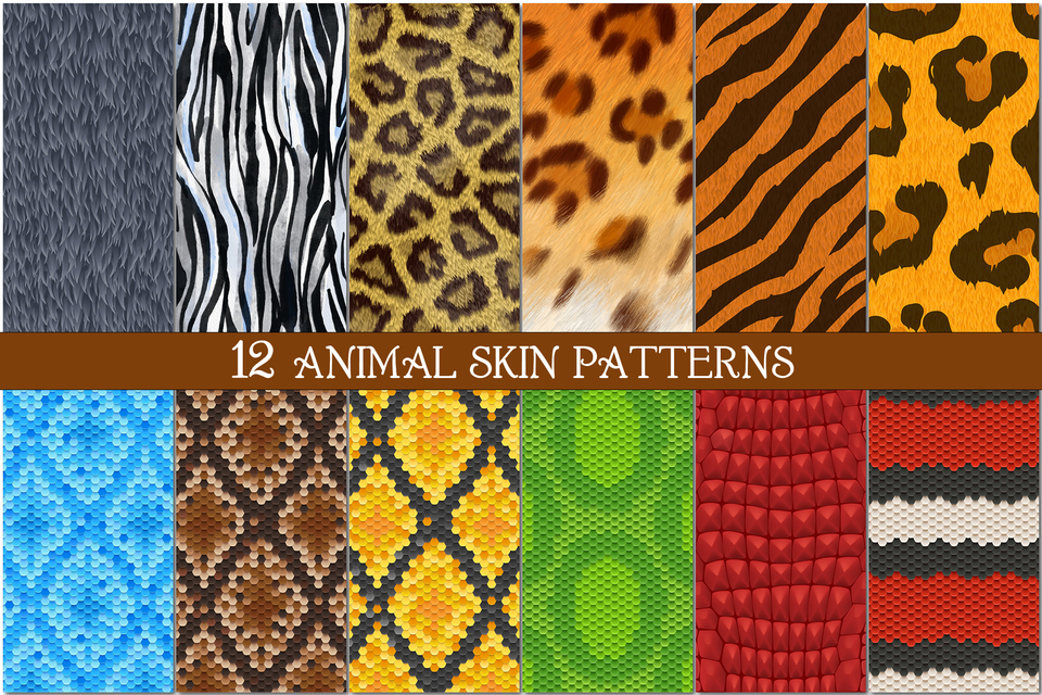 12 Seamless Animal Skin Patterns, Leopard, Zebra, Tiger, Python Snake ...