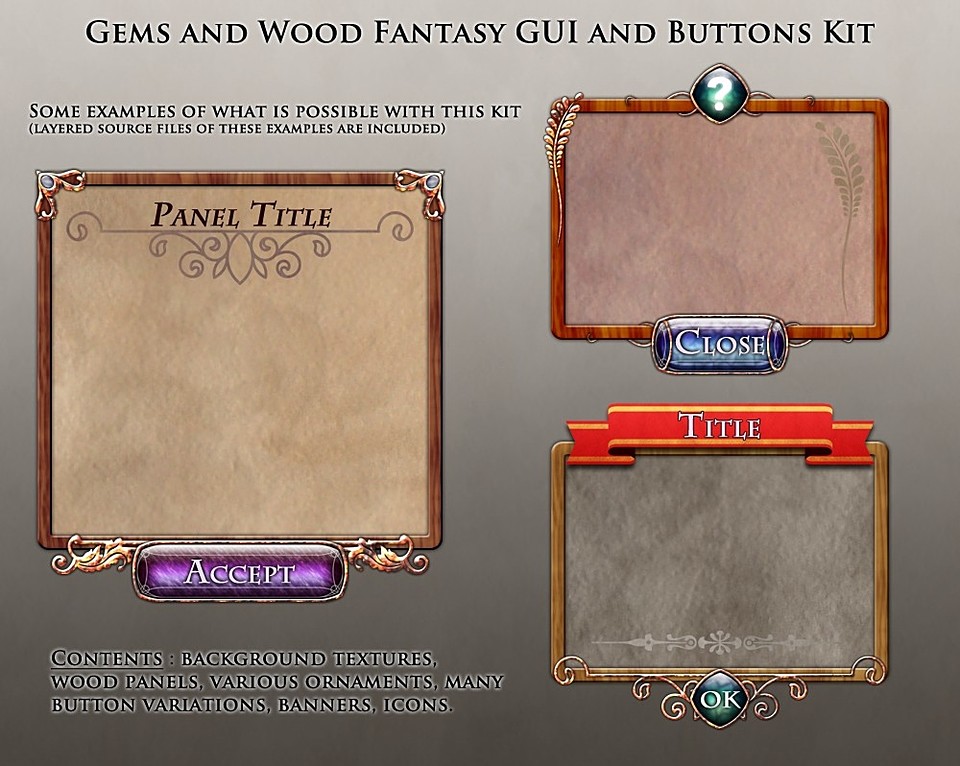 Wood and Gems Fantasy Game GUI Kit