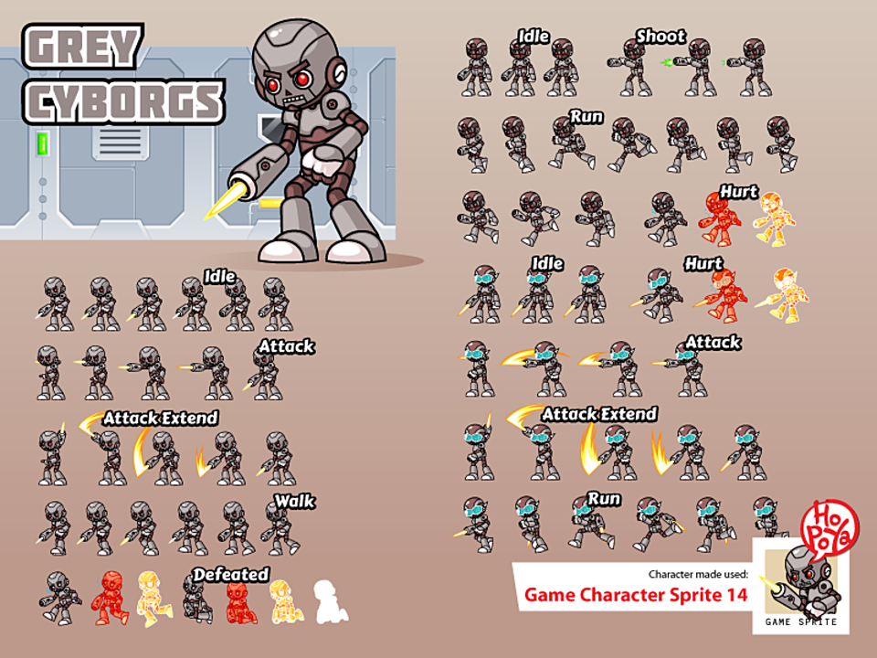 Grey Cyborgs Game Sprites