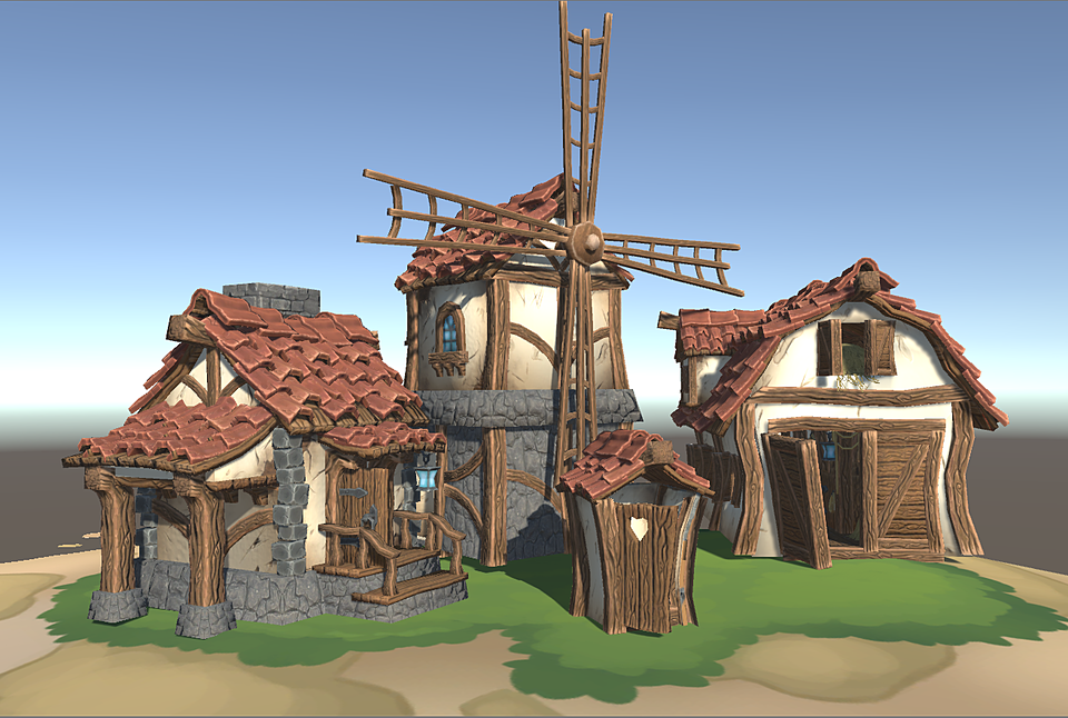 Stylized farm buildings
