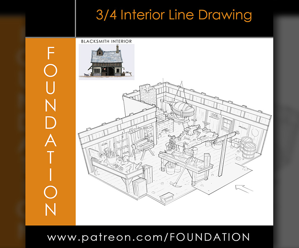 3/4 Interior Line Drawing