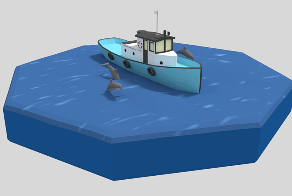 Low Poly Cartoon Fishing Boat and Dolphins