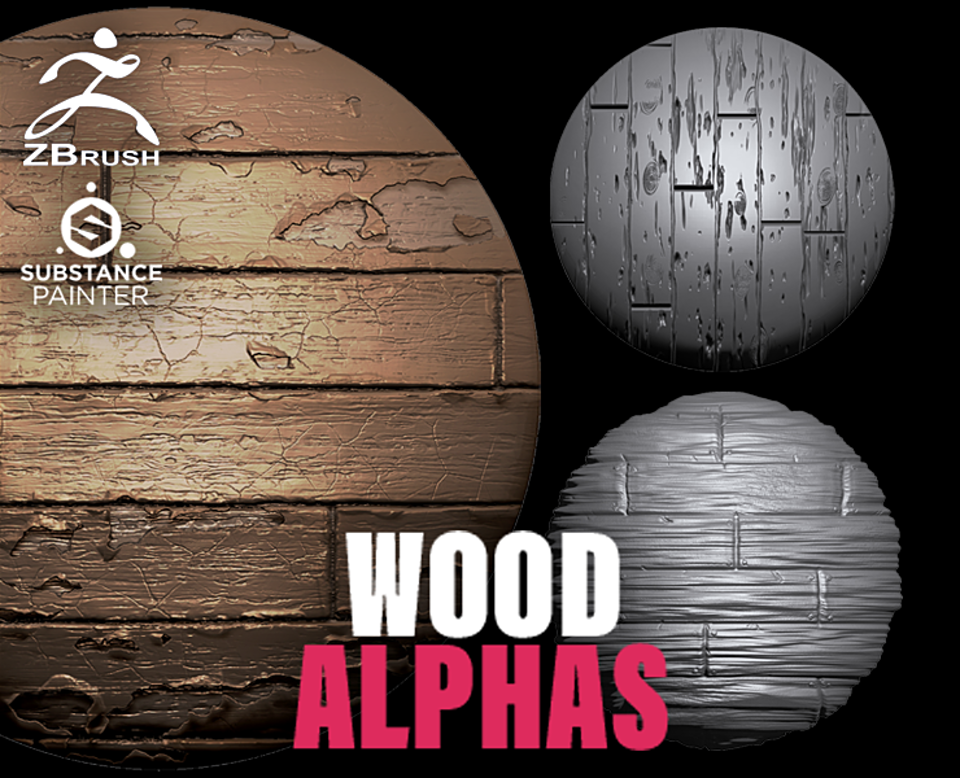 10 Wood Alphas Vol.3 (ZBRush, Substance, 2K, PSD)