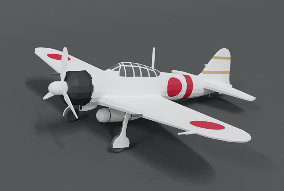 Low Poly Cartoon Mitsubishi A6M Zero WWII Airplane
