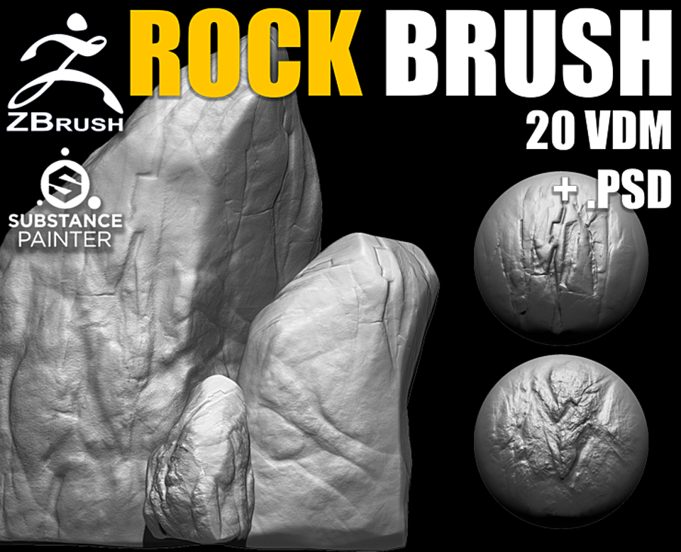 Rock Brushes for ZBrush (20 VDM + Alphas PSD)