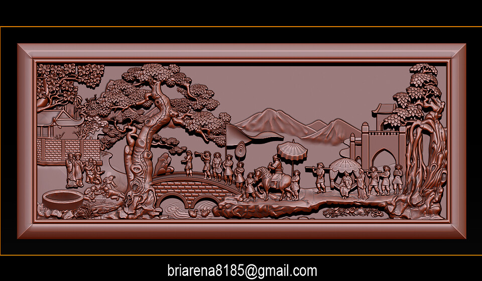 Mural landscape wood carving