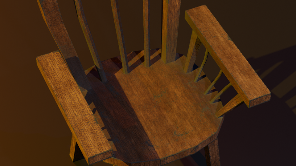 A wooden chair with scuffs and abrasions
