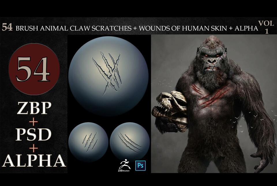 54 ZBRUSH ANIMAL CLAW SCRATCHES + ALPHA