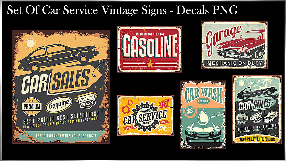 Set Of Car Service Vintage Signs